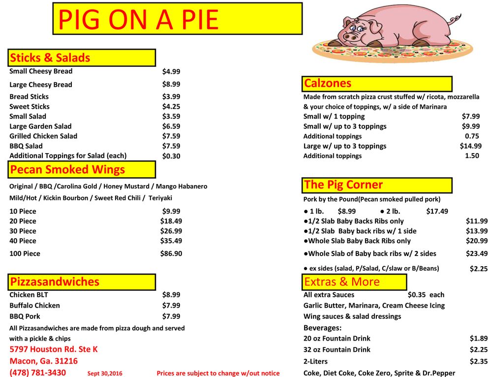 Online Menu of Pig on a Pie Restaurant, Macon, Georgia, 31216 - Zmenu