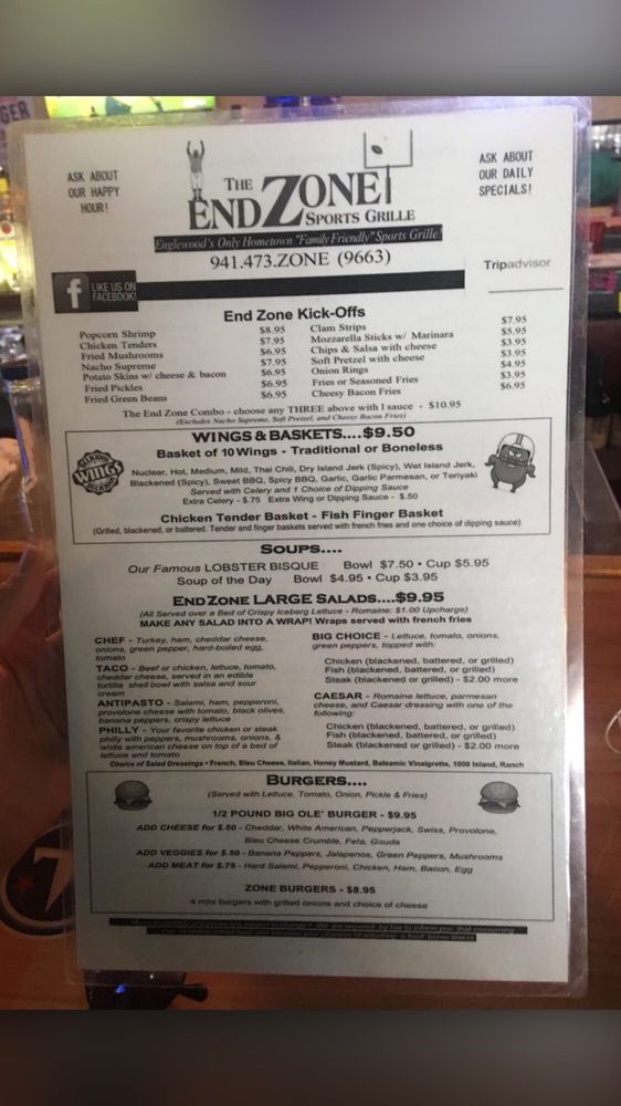 Online Menu of The End Zone Restaurant, Englewood, Florida, 34224 - Zmenu