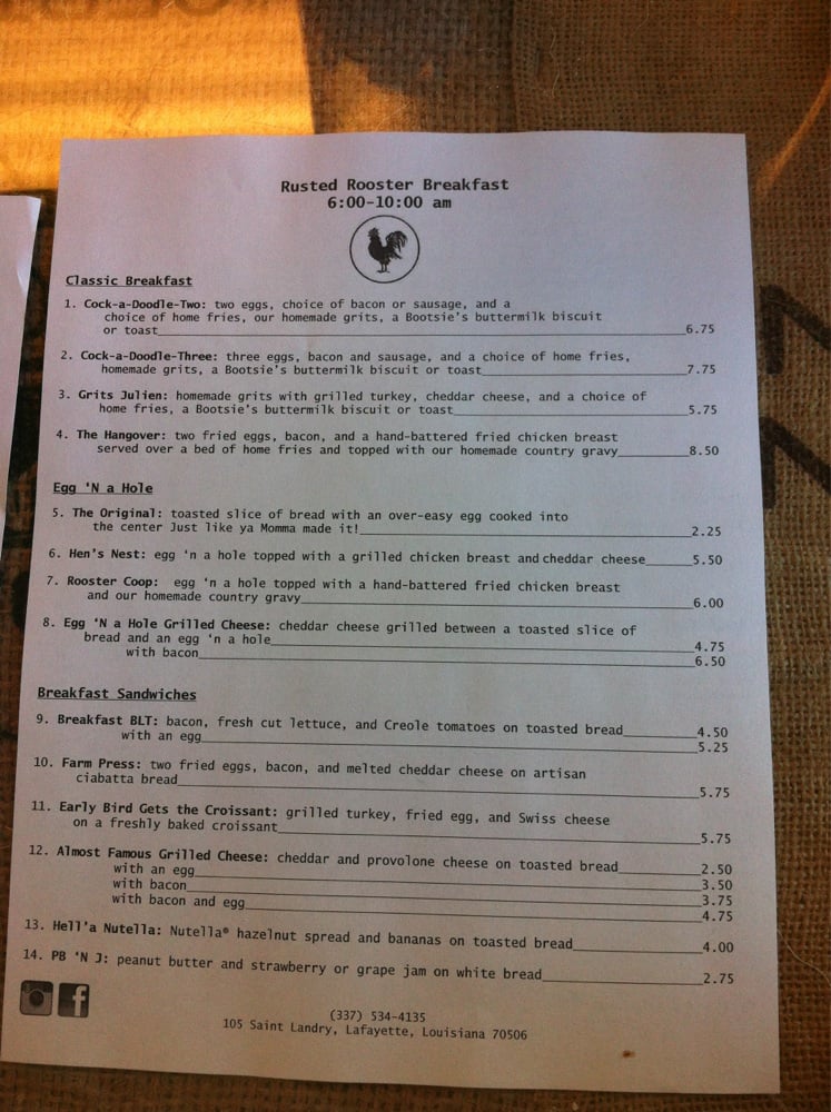 Online Menu of Rusted Rooster Restaurant, Lafayette, Louisiana, 70506 ...