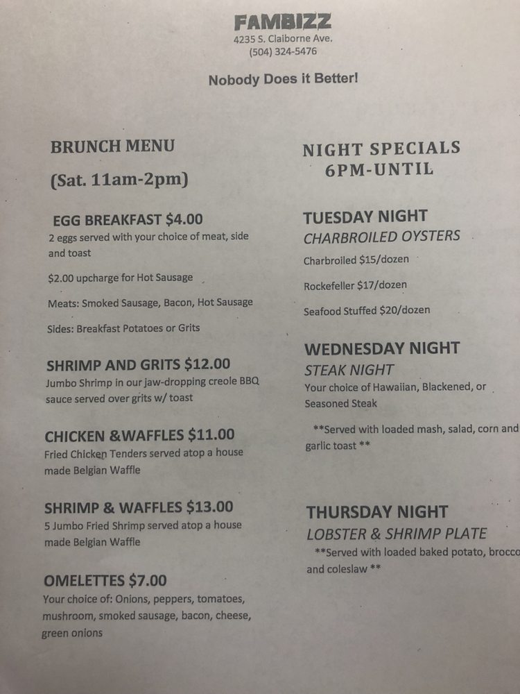 Online Menu of Fam Bizz Restaurant, New Orleans, Louisiana, 70125 - Zmenu