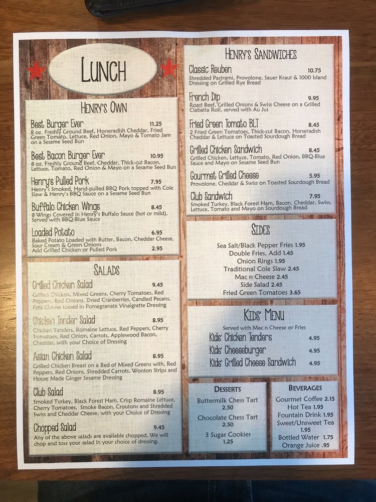 Online Menu of Henrys Mustang Cafe Restaurant, Huntsville, Alabama ...